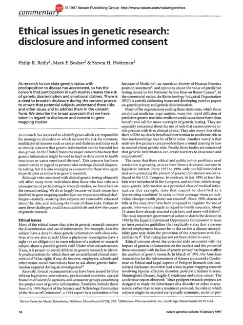 Ethical Issues In Genetic Research Disclosure And Informed Consent Pdf