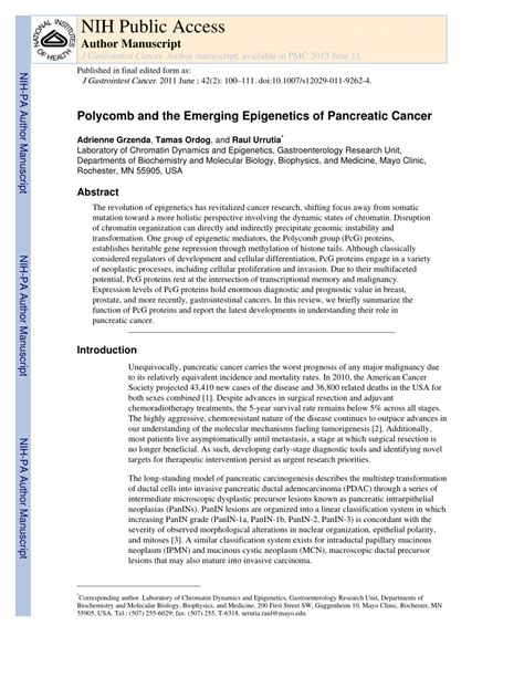 Pdf Polycomb And The Emerging Epigenetics Of Pancreatic Cancer