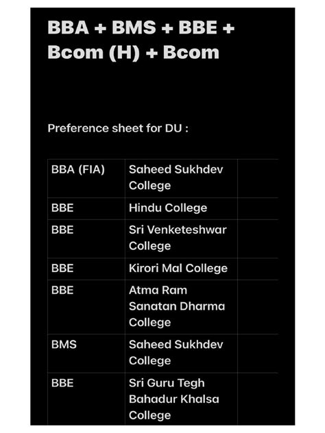 Preference Sheet For All Commerce Courses Pdf