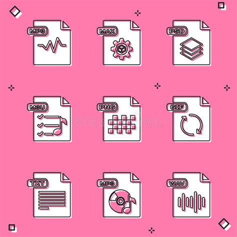 Set MP3 File Document MAX PSD M3U PNG GIF TXT And Icon Vector Stock Vector Illustration