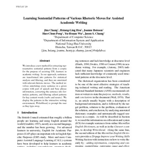 Learning Sentential Patterns Of Various Rhetoric Moves For Assisted Academic Writing Acl Anthology