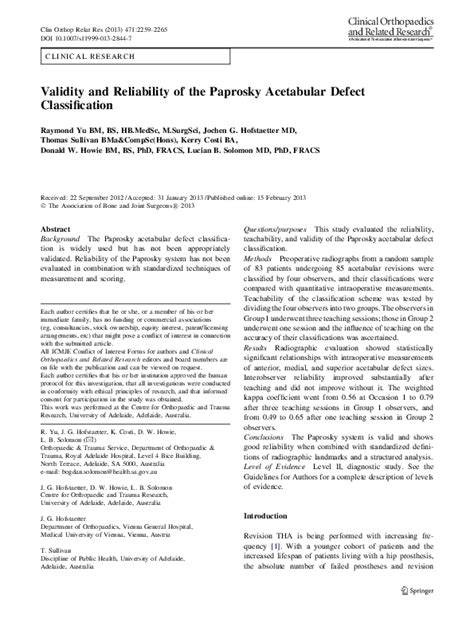 Pdf Validity And Reliability Of The Paprosky Acetabular Defect Classification