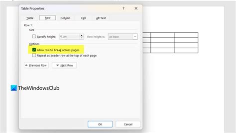 Microsoft Word Table Not Splitting Across Pages