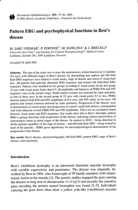 Pdf Pattern Erg And Psychophysical Functions In Bests Disease