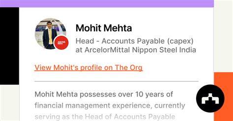 Mohit Mehta Head Accounts Payable Capex At Arcelormittal Nippon Steel India The Org