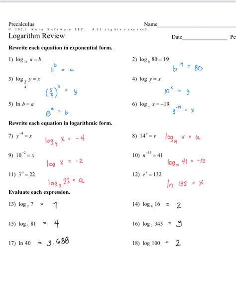 Logarithmic Equations Worksheet With Answers: Kuta Software