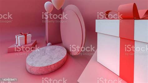 3d 렌더링 선물과 풍선의 3d 렌더링 제품 배경 및 분홍색 색상을 배치하는 장면 및 연단 3차원 형태에 대한 스톡 사진 및 기타 이미지 Istock