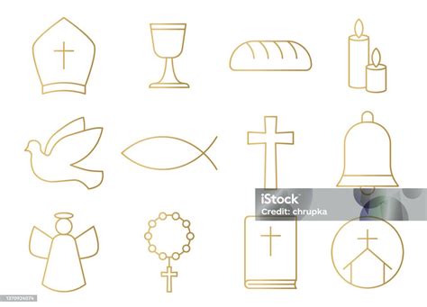 황금 기독교 가톨릭 종교 아이콘의 집합 주교 모자 성배 빵 양초 비둘기 십자가 종 천사 묵주 성경 교회 벡터 일러스트 성찬식에 대한 스톡 벡터 아트 및 기타 이미지 Istock