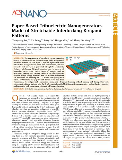 Pdf Paper Based Triboelectric Nanogenerators Made Of Stretchable Interlocking Kirigami Patterns