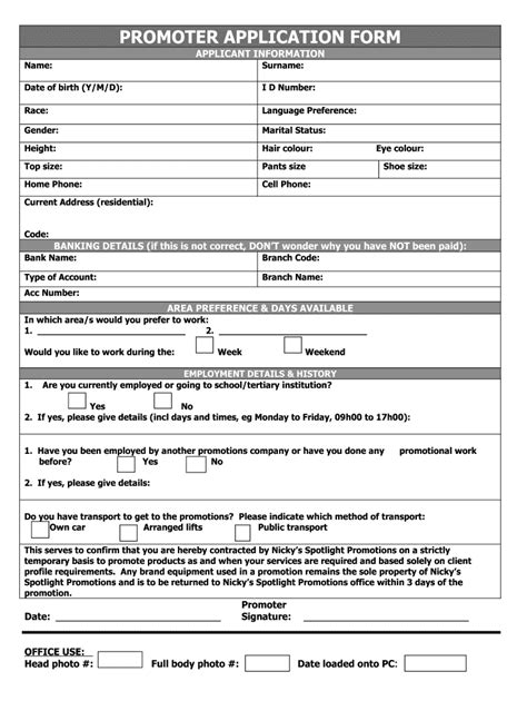 Nickys Spotlight Promotions Promoter Application Form Fill Online