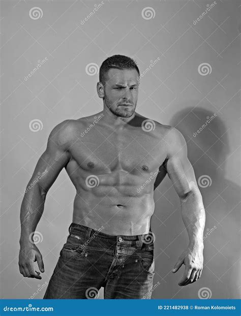 Naked Torso Six Pack Abs Male Flexing His Muscles Sport Workout Bodybuilding Concept Stock