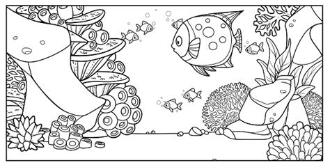 하얀 배경에 색칠하기 위한 돌 말미잘 조류 선형 드로잉이 있는 해저 배경에 작은 물고기 무리로 둘러싸인 큰 물고기 귀여운에 대한 스톡 벡터 아트 및 기타 이미지 Istock