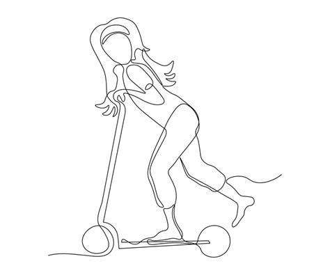 Abstract Woman Girl Without A Face Riding A Scooter Hand Drawn Continuous Mono Line One
