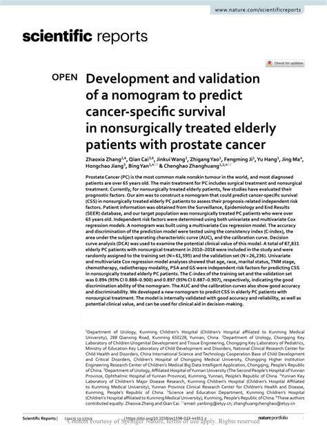 Pdf Development And Validation Of A Nomogram To Predict Cancer Specific Survival In