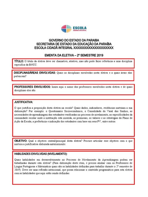 Ementa De Eletiva Exemplo Pdf Aprendizado