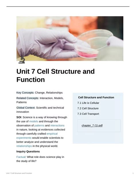 Summary IB MYP Grade 10 Unit 7 Cell Structure And Function Stuvia US