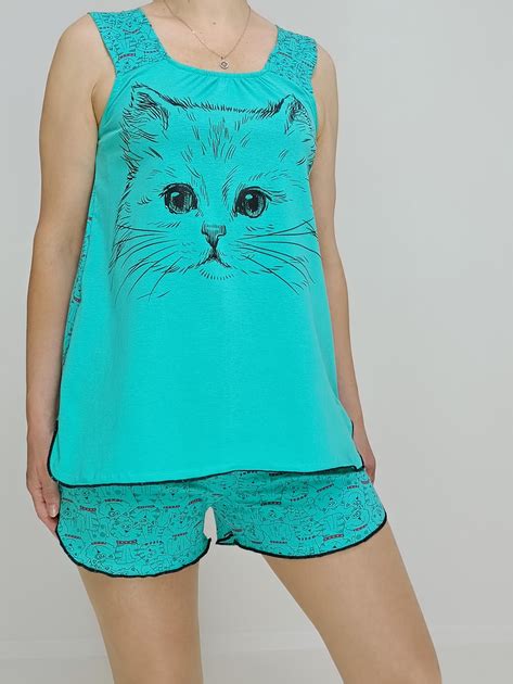 Піжама жіноча трикотажна Котики майка шорти 52 54 Бірюзова 52049174 3 Брендовий одяг
