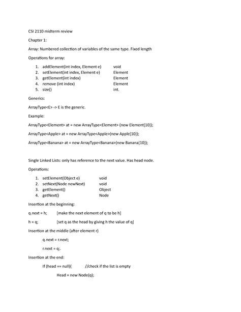 Csi 2110 Midterm Review Csi 2110 Midterm Review Chapter 1 Array