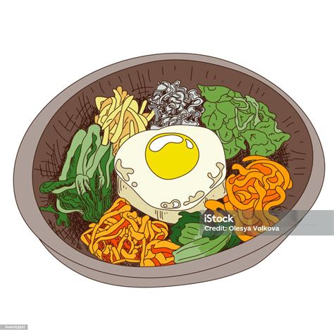 손으로 그린 한국 음식 비빔밥 그림 비빔밥 레시피의 벡터 그림입니다 계란 후라이 오징어 새우 오이 콩나물 해초를 곁들인 전통