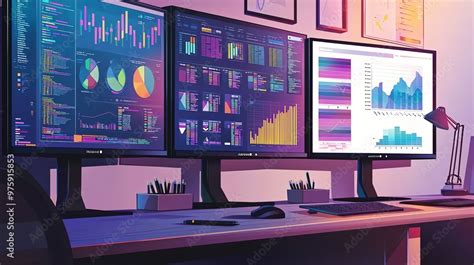 Modern Office Workspace With Three Monitors Displaying Colorful Data Graphs And Charts