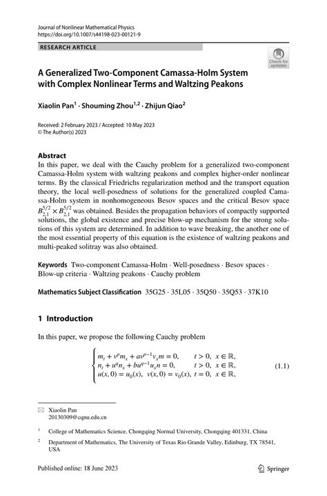 Pdf A Generalized Two Component Camassa Holm System With Complex Nonlinear Terms And Waltzing