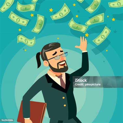 행복 한 사업가 벡터입니다 떨어지는 돈을 현금 비입니다 소득 법안 성공을 축 하합니다 플랫 만화 캐릭터 그림 개념에 대한 스톡 벡터 아트 및 기타 이미지 Istock