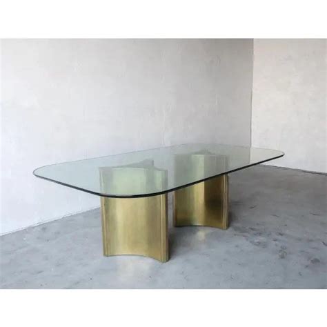 Glass And Brass Dining Table With Mastercraft Brass Pedestals