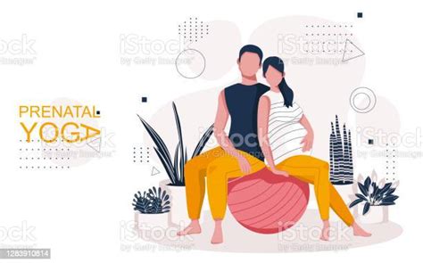 젊은 임산부를 위한 요가 수업에서 부모를 기대합니다 체육관 공에 앉아있는 남자와 임신 한 여성 임산부를 위한 요가 페어링 가족 생활의 세련된 벡터 일러스트레이션 가족에 대한