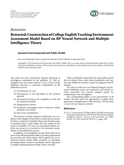 Pdf Retracted Construction Of College English Teaching Environment Assessment Model Based On