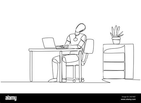 Single Continuous Line Drawing Robot Sitting In Work Chair Typing On A