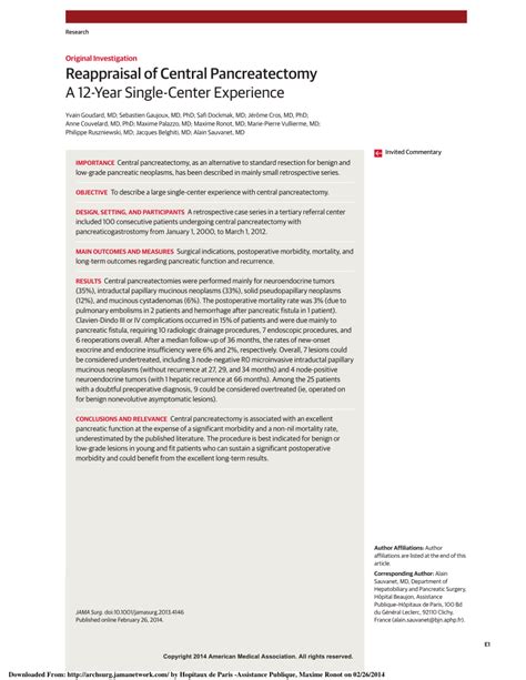 (PDF) Reappraisal of Central Pancreatectomy A 12-Year Single-Center Experience