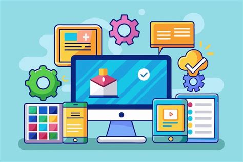 Colorful Cartoon Illustration Depicting Customizable Software Tools On Multiple Devices