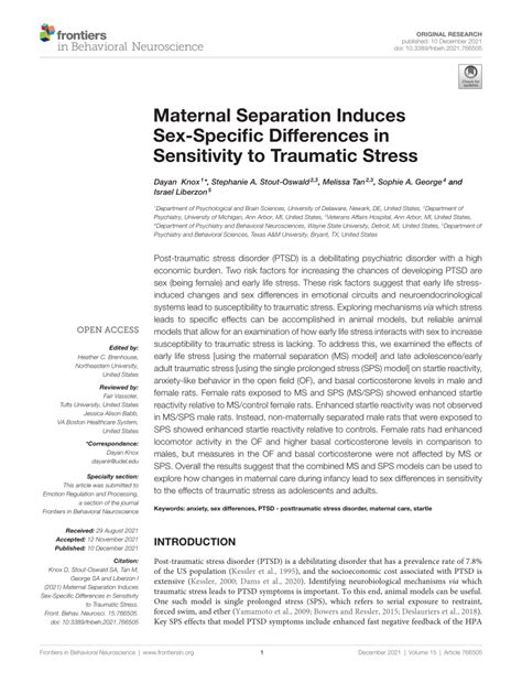 PDF Maternal Separation Induces Sex Specific Differences In Sensitivity To Traumatic Stress