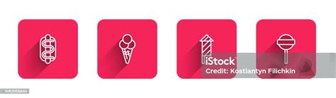 세트 라인 핫도그 샌드위치 와플 콘에 아이스크림 불꽃놀이 로켓 긴 그림자가 있는 롤리팝 빨간색 사각형 버튼입니다 벡터 0명에 대한 스톡 벡터 아트 및 기타 이미지 Istock