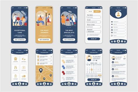 모바일 앱 템플릿 Ui Ux Gui 사용자 인터페이스 키트에 대한 의학 개념 화면 설정 프리미엄 벡터