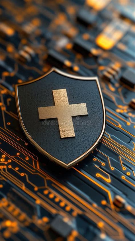 Shield With Silver Cross Symbol On Circuit Board Representing Cybersecurity Stock Illustration