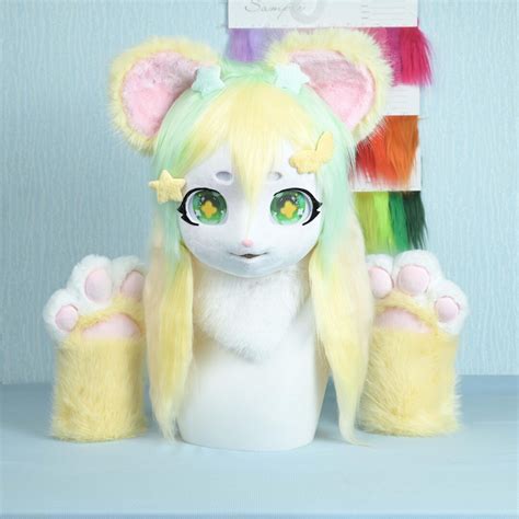 Furry Mouse Head Yellow Cyan Fur Green Eyes Fursuit Head Mouse Cosplay