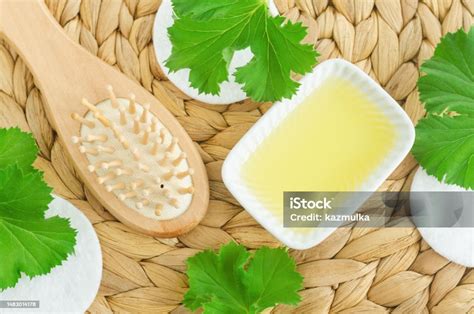 화장품 아로마 오일 헤어 브러시 면봉 및 제라늄 잎이 들어있는 작은 흰색 그릇 천연 헤어 케어 수제 스파 및 뷰티 트리트먼트 레시피 평면도 0명에 대한 스톡 사진 및 기타