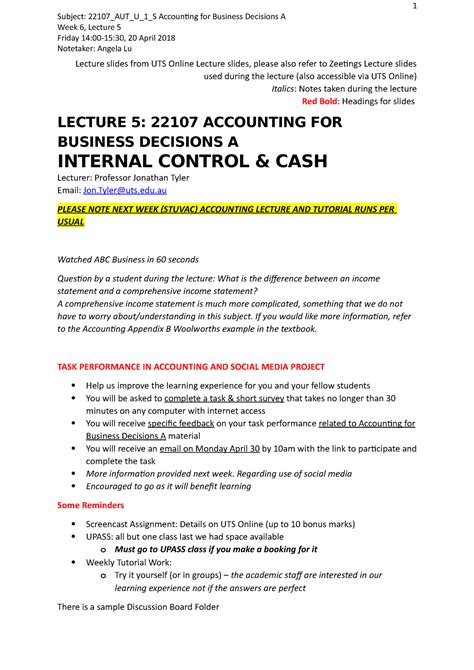 Lecture 5 Internal Control And Cash Lecture Notes Subject 22107