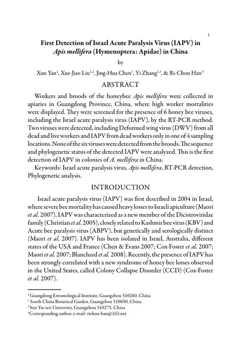 Pdf First Detection Of Israel Acute Paralysis Virus Iapv In Apis Mellifera Hymenoptera