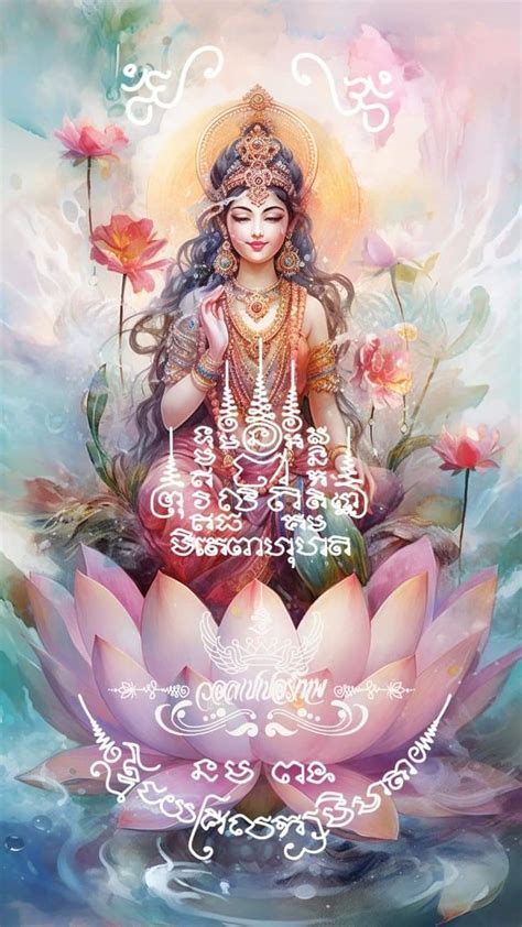 ภาพพระแม่ลักษมี เทพีแห่งความรักและความร่ำรวย ลงพระคาถาอักษรขอม และยันต์หัวใจพระสิวลี พื้นหลัง