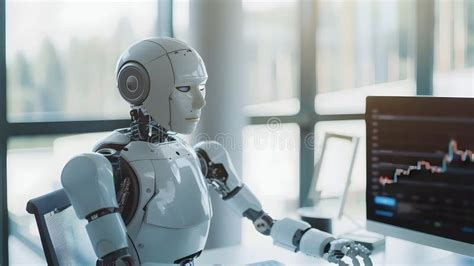 a robot sitting at a desk focused on a computer screen ready to