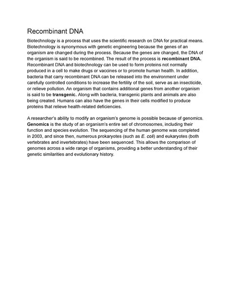 Recombinant Dna Biotechnology Is A Process That Uses The Scientific Research On Dna For