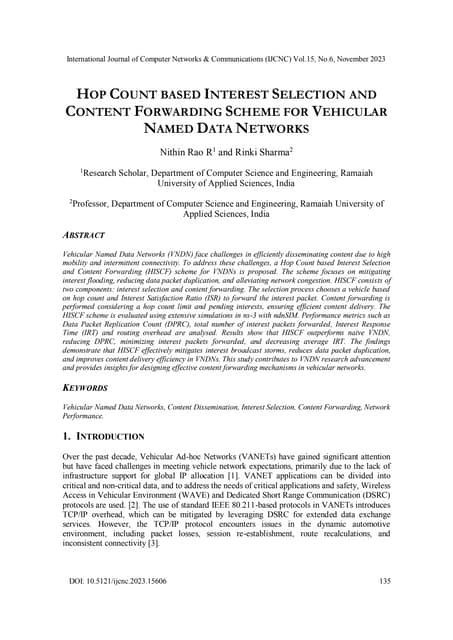 hop count based interest selection and content forwarding scheme for