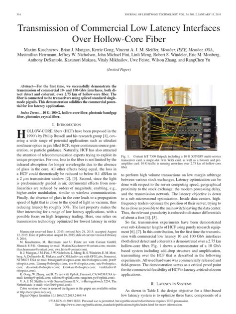 Transmission Of Commercial Low Latency Interfaces Over Hollow Core
