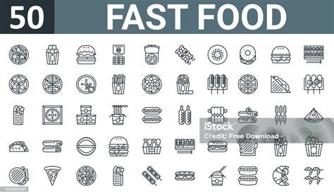 피자 너겟 햄버거 피자 피자 고기 파이 벡터 얇은 아이콘 보고서 프리젠 테이션 다이어그램 웹 디자인 모바일 앱과 같은 50 개의 개요 웹 패스트 푸드 아이콘 세트 베이글에