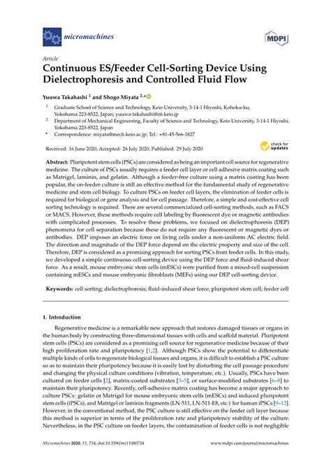Continuous Es Feeder Cell Sorting Device Using Dielectrophoresis And
