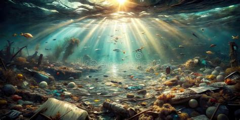 Sunbeams Illuminate Submerged Debris And Aquatic Life In A Polluted