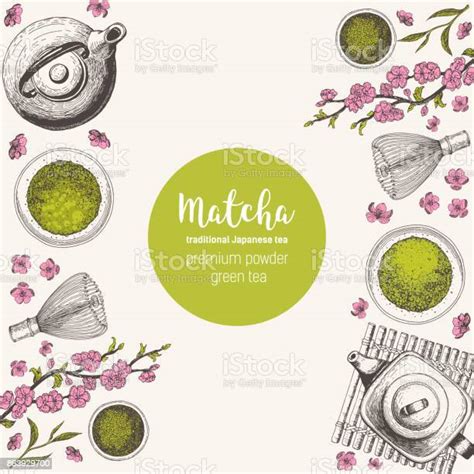 말 차입니다 다도 일본 전통 차가 게에 대 한 벡터 일러스트 레이 션 프레임입니다 빈티지 요소 디자인에 대 한입니다 손으로 그린된 스케치 그림 가루로 빻은에 대한 스톡 벡터