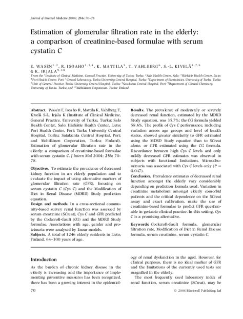 Pdf Estimation Of Glomerular Filtration Rate In The Elderly A Comparison Of Creatinine Based